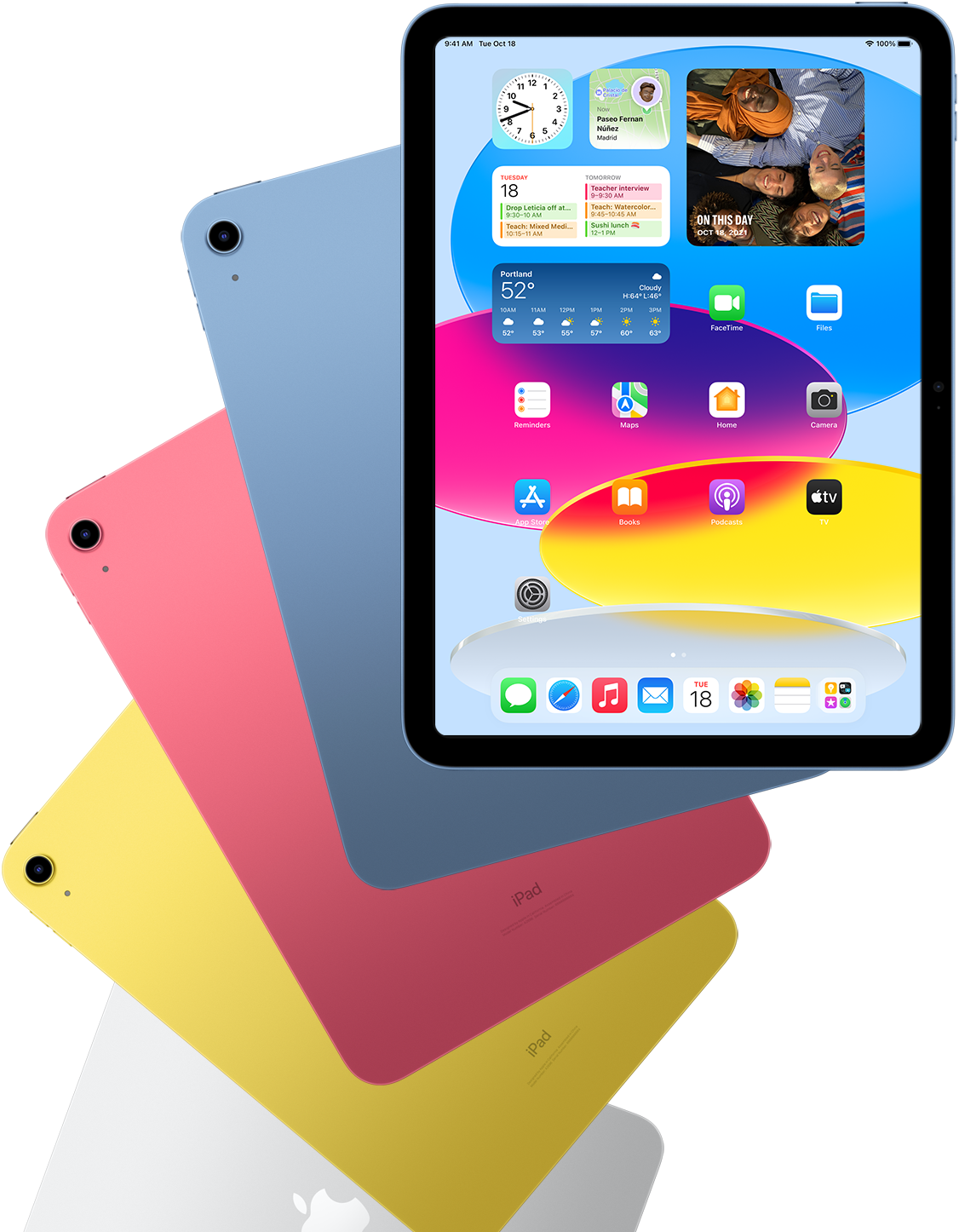 Vue avant d’un iPad affichant l’écran d’accueil, devant quatre autres ...